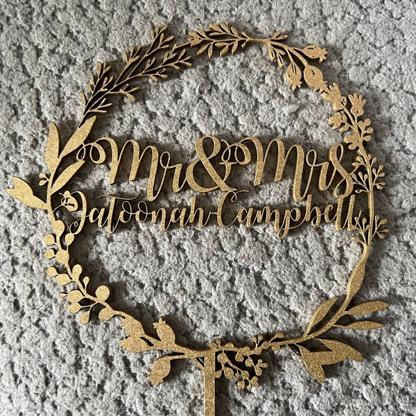 Floral Wreath Personalised Wooden Cake Topper x5 Colour Options, Any ...