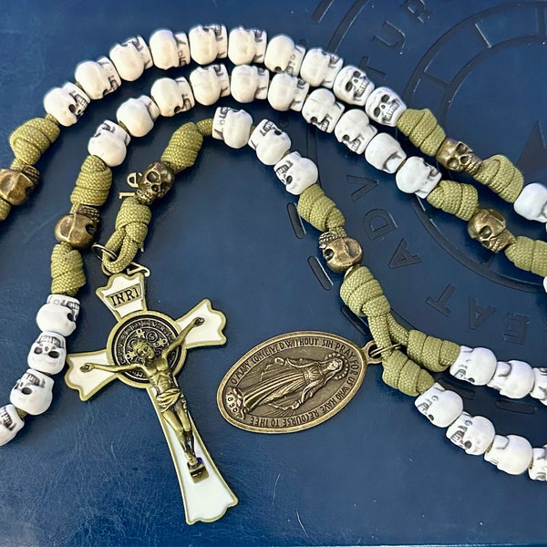 St. Benedict Memento Mori Catholic Rosary. 11mm White Skull Beads ...