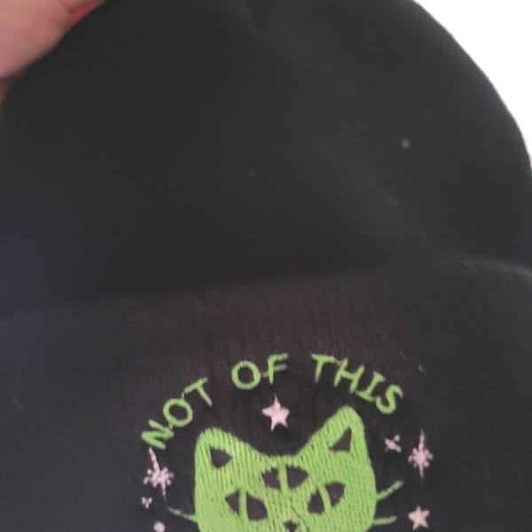 Not of This World, Alien Cat Embroidered Beanie, Adult Unisex, Cuffed Knit Beanies, Cute Galaxy ...