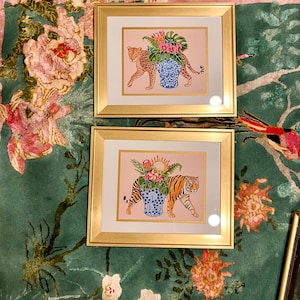 Two Art Prints Chinoiserie Cheetah and Leopard With Asian Peony and ...