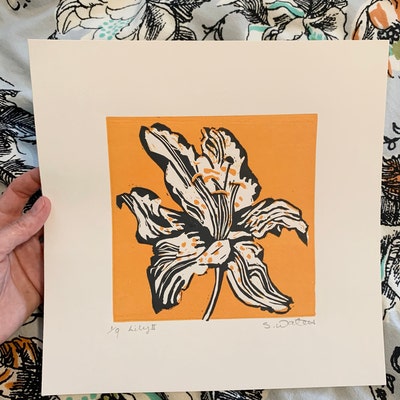 Landscape, Lino Print, Original Art, Reflections, Frensham Ponds ...