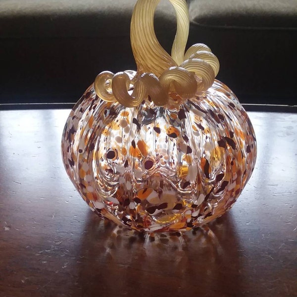 Handmade Blown Glass Pumpkin, Fall Spotty Pumpkin With Curly Tan Stem ...