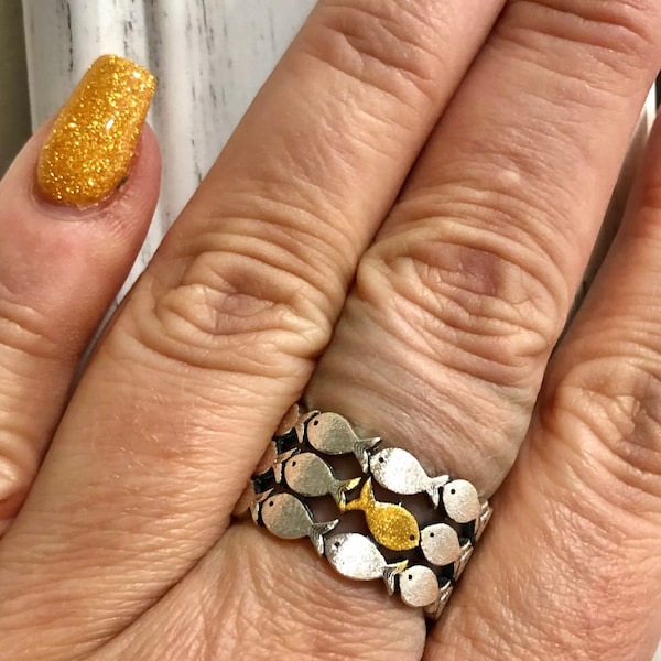 Swimming Against the Current. Sterling Adjustable Ring. School of Fish ...