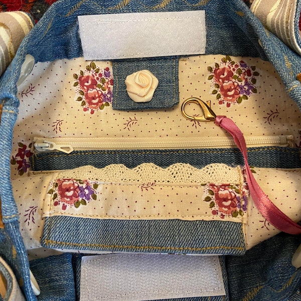 Denim Patchwork Tote Bag With Zipper, Upcycled Jeans Shoulder Bag With ...
