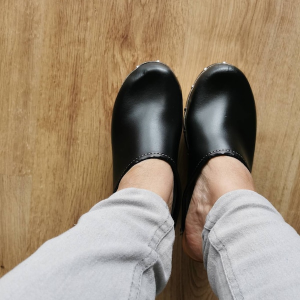 Men's Black Wooden Clogs | Handmade Natural Leather Footwear ...