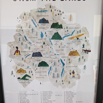 Swim the Lakes A3 Illustrated Map Checklist. 30 Lakes and - Etsy