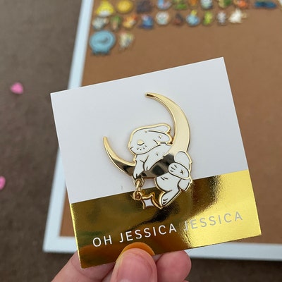 Moon Rabbit Hard Enamel Pin Gold, White Bunny Rabbit Lapel Pin ...