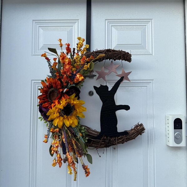 Winter Crescent Moon Christmas Cat Poinsettia Wreath Witchy Seasonal ...