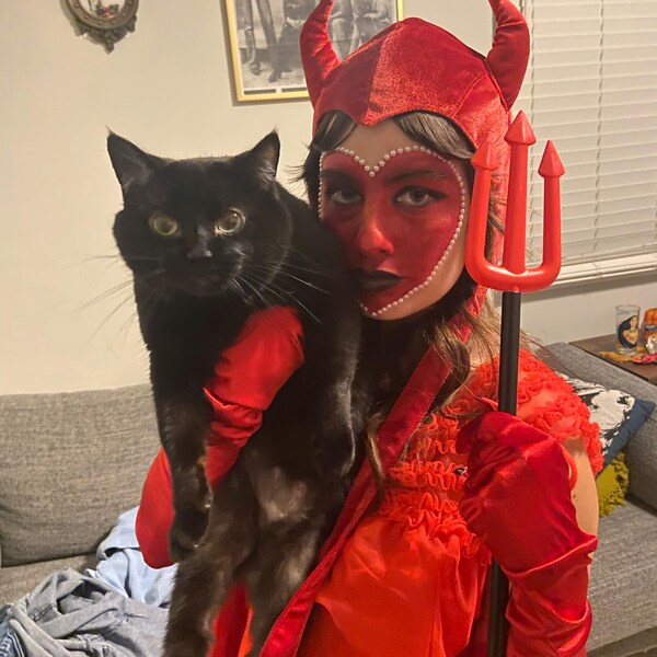 Red Evil Silk Satin Bonnet Horns Halloween Devil Woman Vintage Bonnet ...