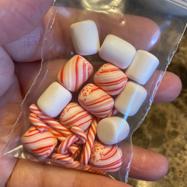 6 Candy Cane Mallows, Fake Marshmallow, Polymer Clay Dessert Cabochons ...