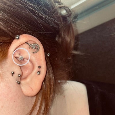 Tiny CZ Flower Huggie Hoop, 6mm Hoop, Tragus Hoop, Rook Hoop, Forward ...