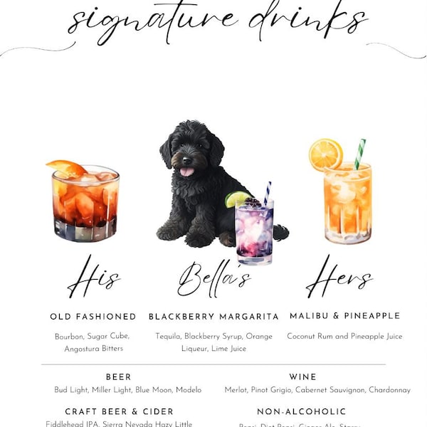 Signature Drink Sign With Dog, Bar Menu Template With Watercolor Drinks ...