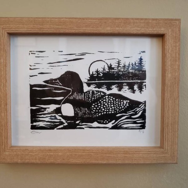Loon on Lake Linocut Print, Nature Themed Wall Art - Etsy