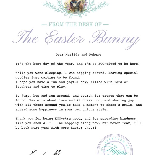 EDITABLE Letter From Easter Bunny, Purple Printable Easter Bunny Letter ...