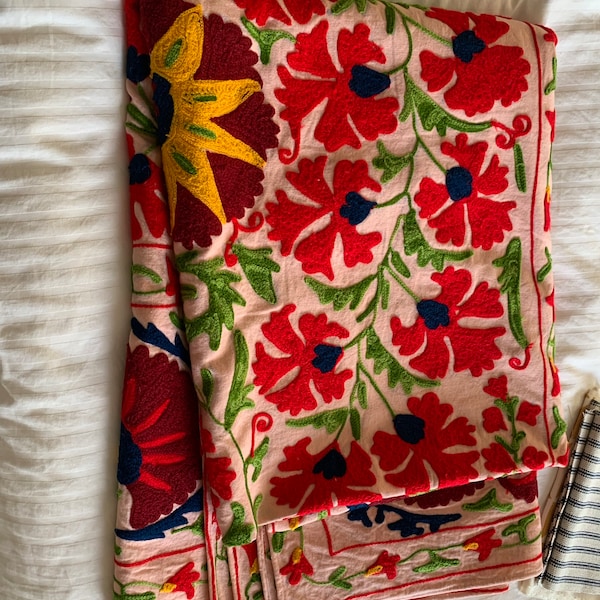 Cotton Suzani Throw Blanket Embroidery Bed Sheet Bedspread Suzani ...