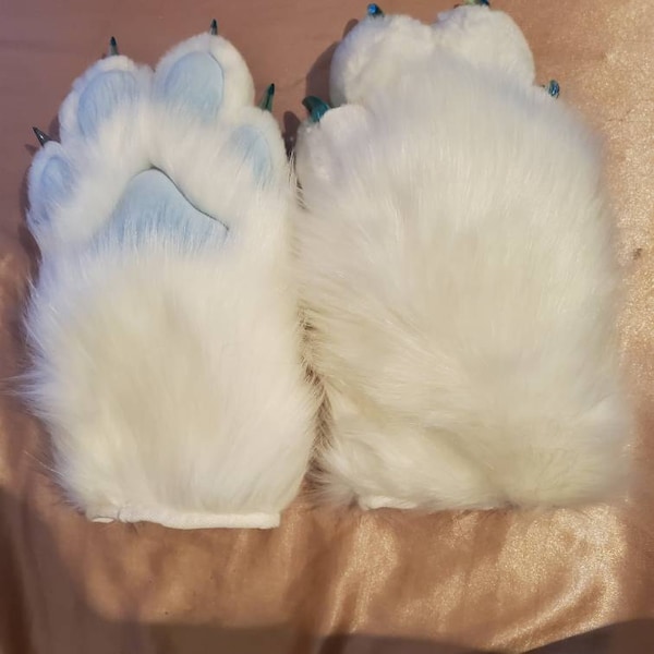 Handmade Cream-blue Cat Paw Cosplay Gloves - Faux Fur Fluffy Kitten ...