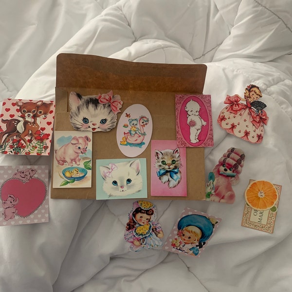 Vintage Pink Stickers Pack. Handmade Cute Kitsch Journal Stickers. Cat ...