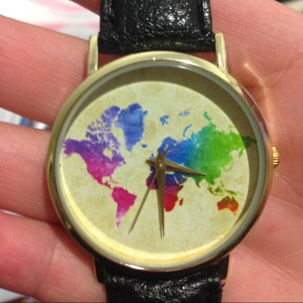 Colorful World Map Watch | Travel Gift | Cartography | Leather Watch ...