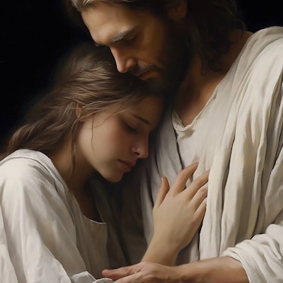 Jesus Christ Holding Comforting Small Child in Meadow Flowers Oil ...