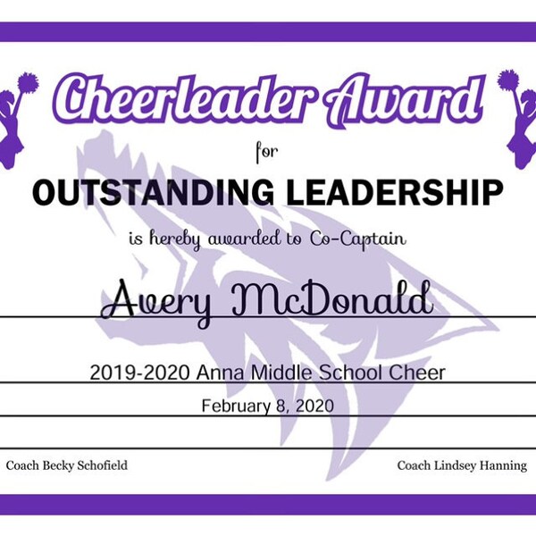 Cheerleader Cheer Certificate Editable PDF Purple Sports Team Diy ...