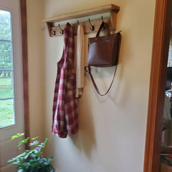 Natural SOLID OAK Coat Rack With Shelf, Handmade Wooden Entryway Rail ...