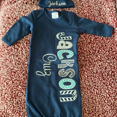 Personalized Navy Baby Gown and Hat. Grey, Aqua and Navy. Baby Coming ...