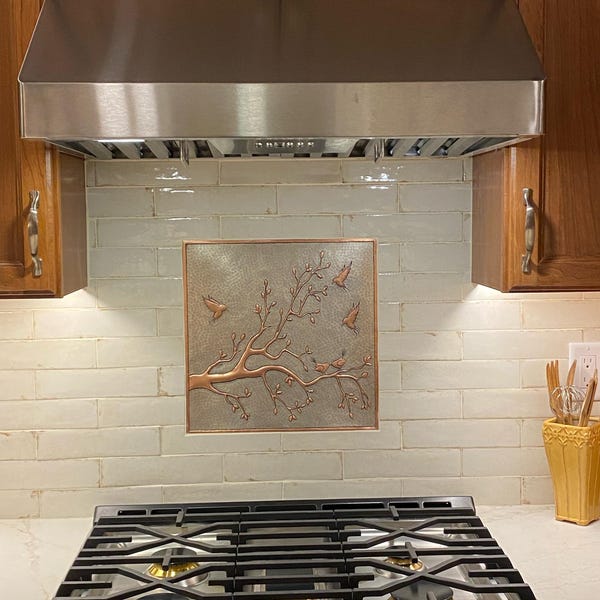 Copper Kitchen Backsplash Tile Mural, Birds on Tree Branches With ...