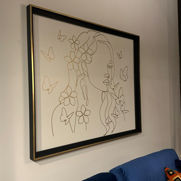Chic Line Drawing Floral Head With Butterflies Wall Decal, Modern Art ...