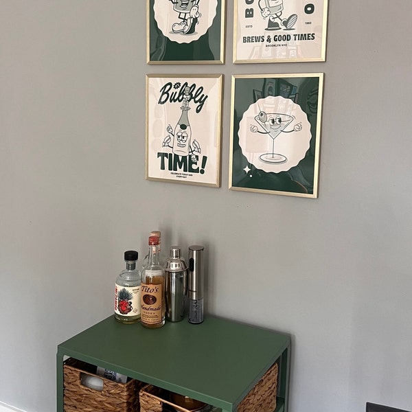 Bar Cart Set of 8 Printables in Retro Green | Happy Hour Wall Art ...