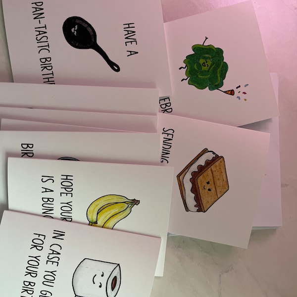 Hand Drawn Pun Funny Happy Birthday Cards (10 Pack of Cards, Birthday ...