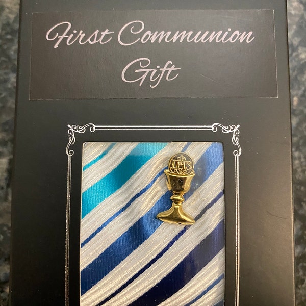 First Communion Blue Stripe Tie With Silver or Gold Chalice Tie Pin ...