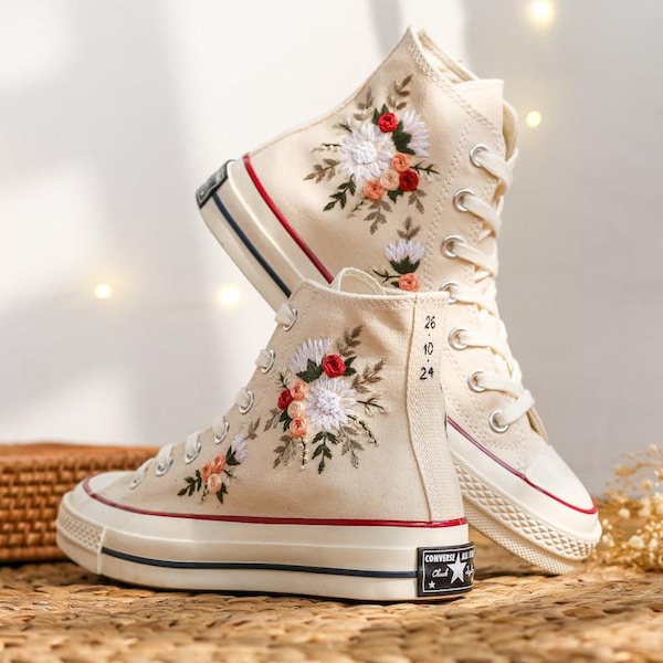 Embroidered Converse Wedding Flowers, Custom Converse High Tops ...