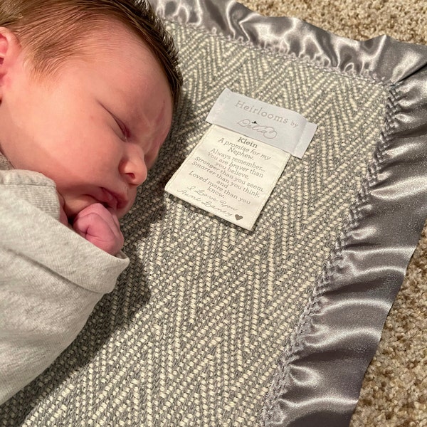 Baby Blanket With Satin Ribbon Trim and Personalized Message Tag. Add ...