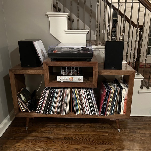 Mid Century Modern Record Player Stand & Vinyl Storage Cabinet With ...