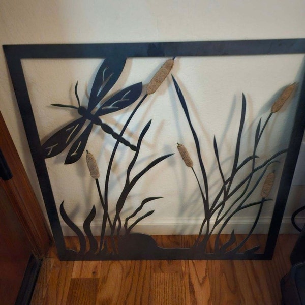 Square Dragonfly and Cattails Rustic Wall Decor Custom Garden Theme Art ...