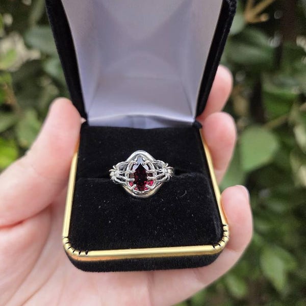 Garnet Teardrop of the Spider Ring, Silver Spider Ring, Spider Goth ...