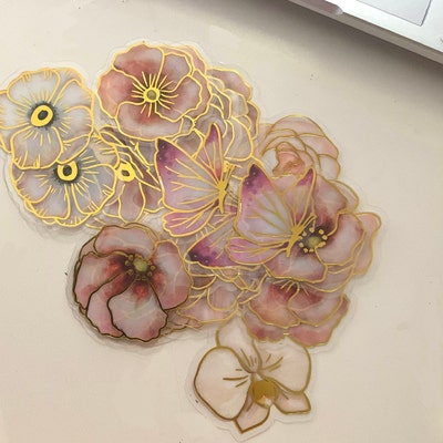 30pcs Gold Foil Clear Flower Stickers Transparent PET, Roses Wild ...