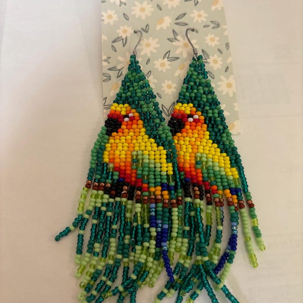 Handmade Beaded Parrot Earrings - Vibrant Tropical Bird Fringe Earrings ...