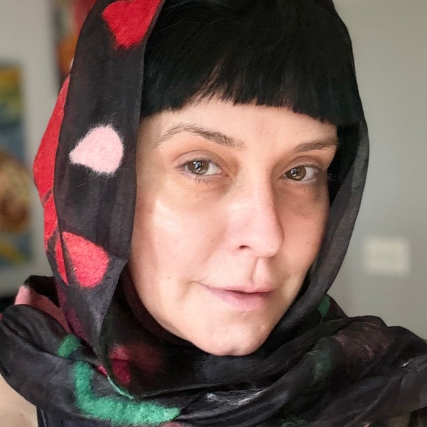 Black Red White Silk Scarf Hand Painted, Evening Wrap Shawl, Hand Dyed ...