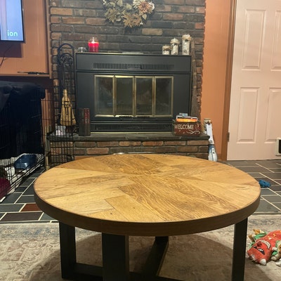 Round Rustic Wood Herringbone Pattern Coffee Table With Black Wood Legs ...