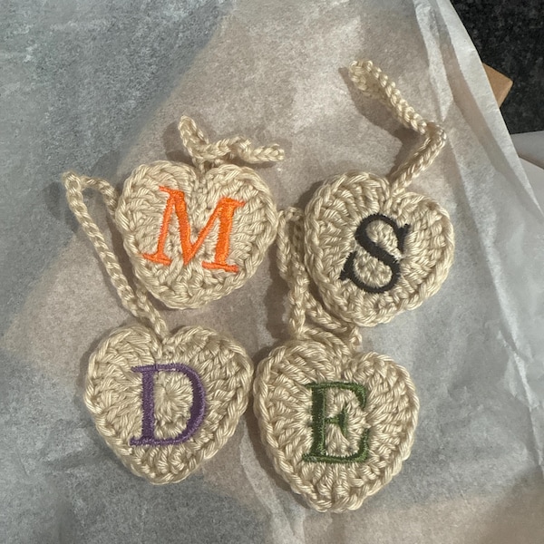 Personalized Crochet Heart Bag Charm: Embroidered Initial, Mini ...