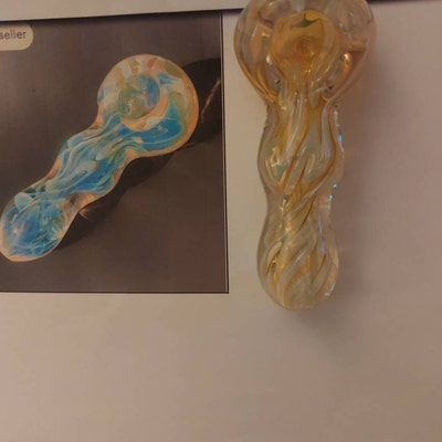 Yellow and Blue Fumed Glass Pipe Handmade Unique Golden Heady ...