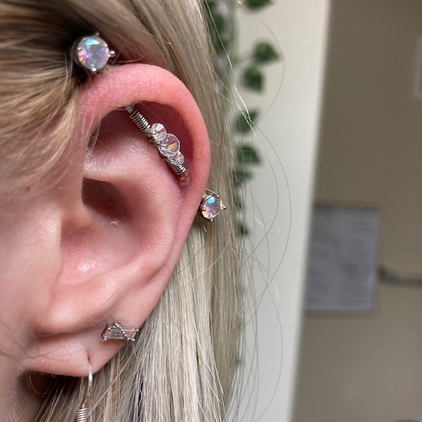 Aurora Borealis Wire Wrapped Industrial Barbell, Scaffold Ear Earring ...