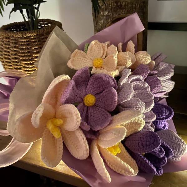 Handmade Purple Crochet Flower Bouquet – Violet Roses & Tulips, Knitted ...