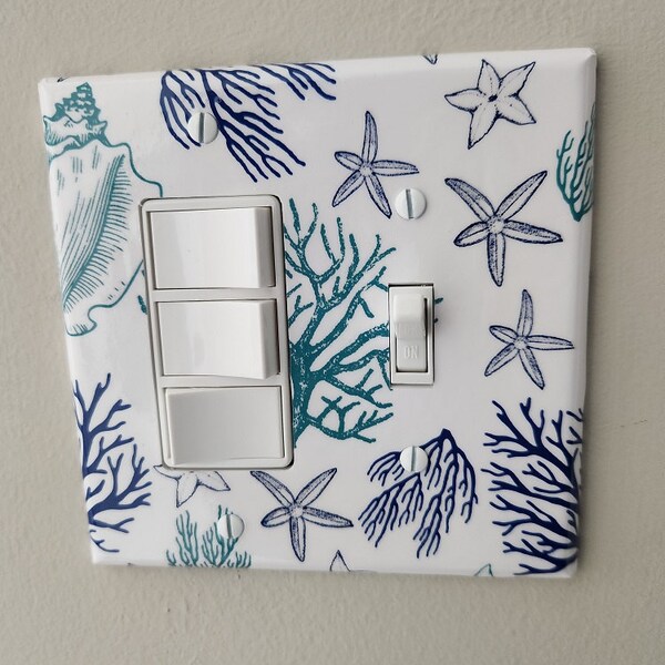 Seashell Light Switch Cover / Coral Seafoam Shell / Navy Beach Cottage ...