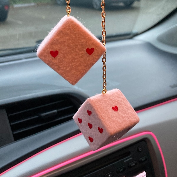 Baby Pink Fuzzy Dice With Red Hearts and Chain or Cord / Car ...