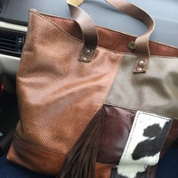 Leather Patchwork Carpetbag Tote in Distressed Chestnut and - Etsy Canada