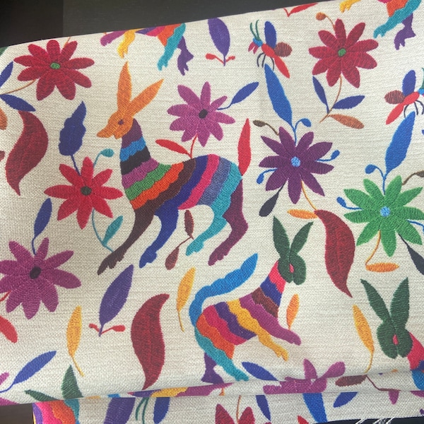 Mexican Otomi Upholstery Fabric by the Yard: Folk Art Flowers, Deer ...