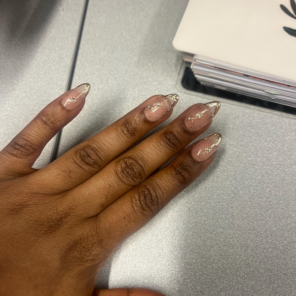 Gold 3D Chrome Nails/gold French Press on Nails/sun Star Nails/pink ...