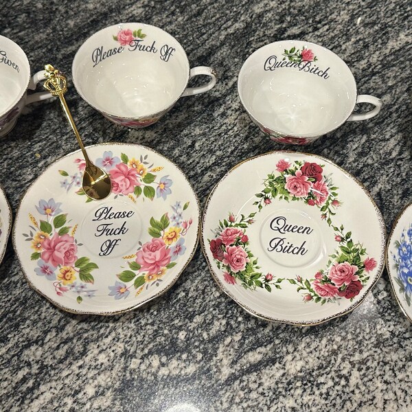 FREE SHIPPING-4 Customizable Porcelain Rude Teacup and Saucer Sets, 8 ...